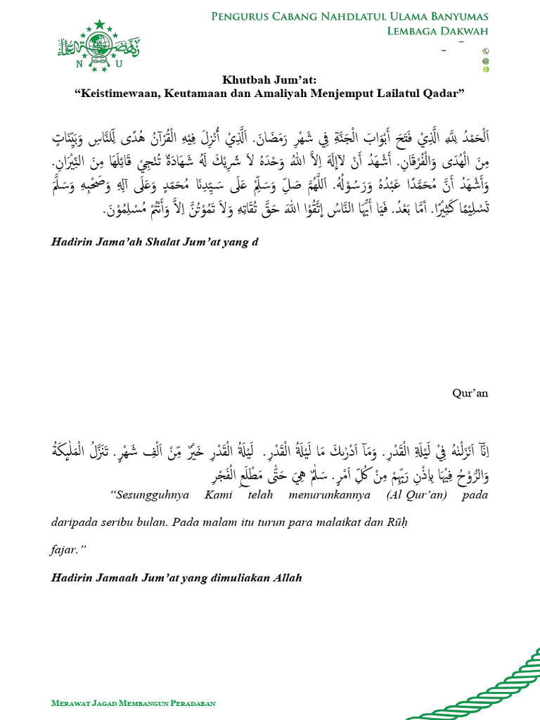 Khutbah Jumat Keistimewaan, Keutamaan dan Amaliyah Menjemput Lailatul Qadar-1 | PDF