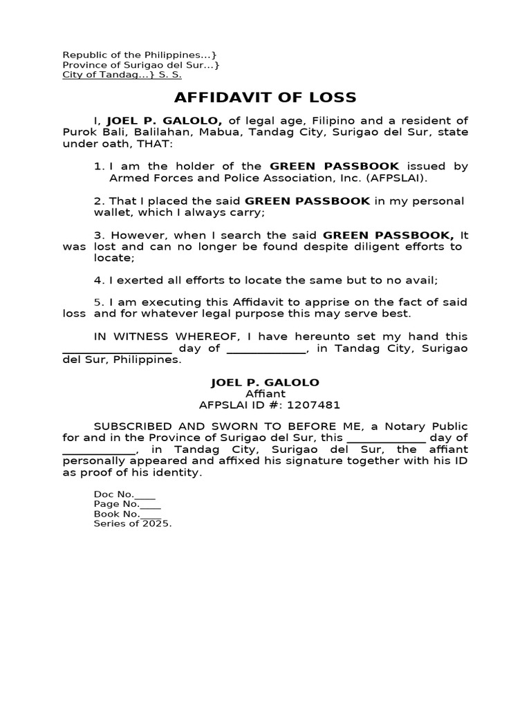 Affidavit of Loss for Green Passbook | PDF