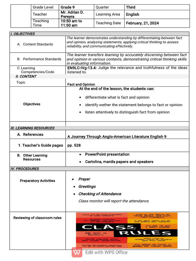 Lesson Plan - Fact and Opinion 1 | PDF | Learning | Critical Thinking