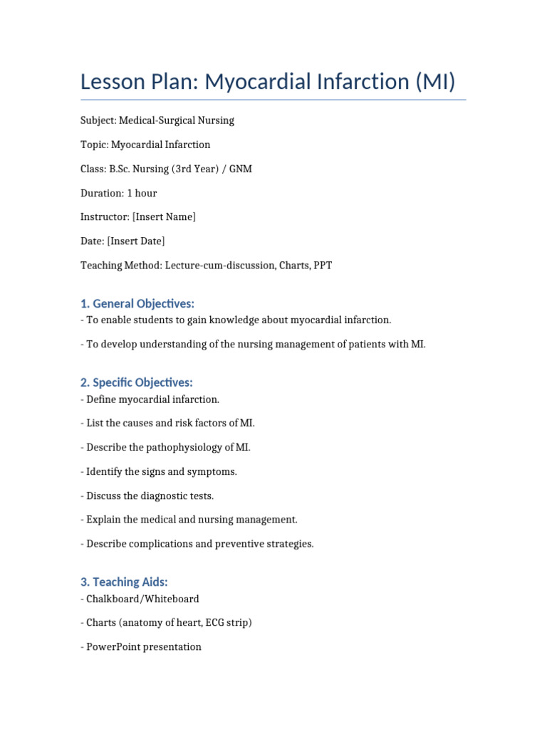Extended Lesson Plan Myocardial Infarction | PDF | Myocardial ...