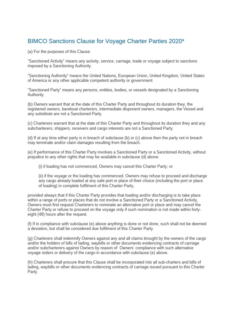 BIMCO Sanctions Clause for Charter Parties | PDF | Shipping | Private Law