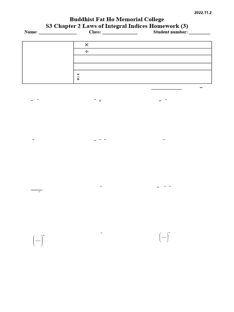 S3 Chapter 2 Laws of Integral Indices Homework (3) - 11.2 | PDF | Numbers | Mathematics