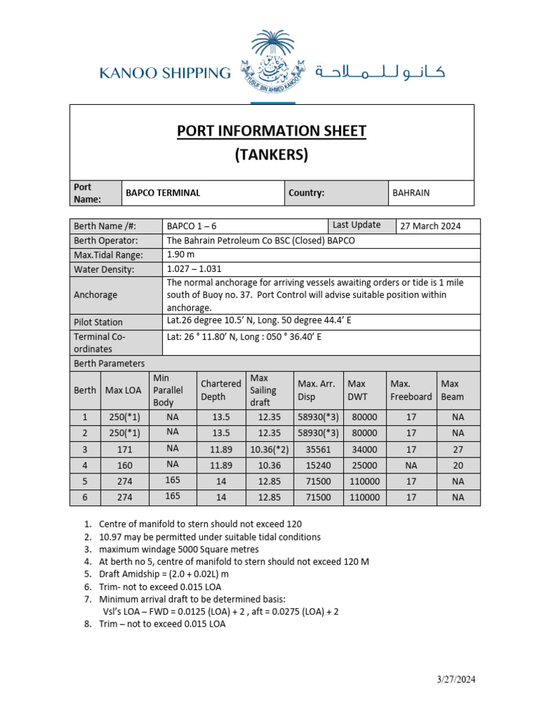 Sitra Kanoo Port Info Sheet (TANKER) | PDF | Tugboat | Diesel Fuel