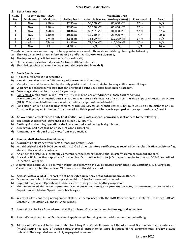 Sitra Port Restrictions - Jan 2022 | PDF | Ships | Shipping