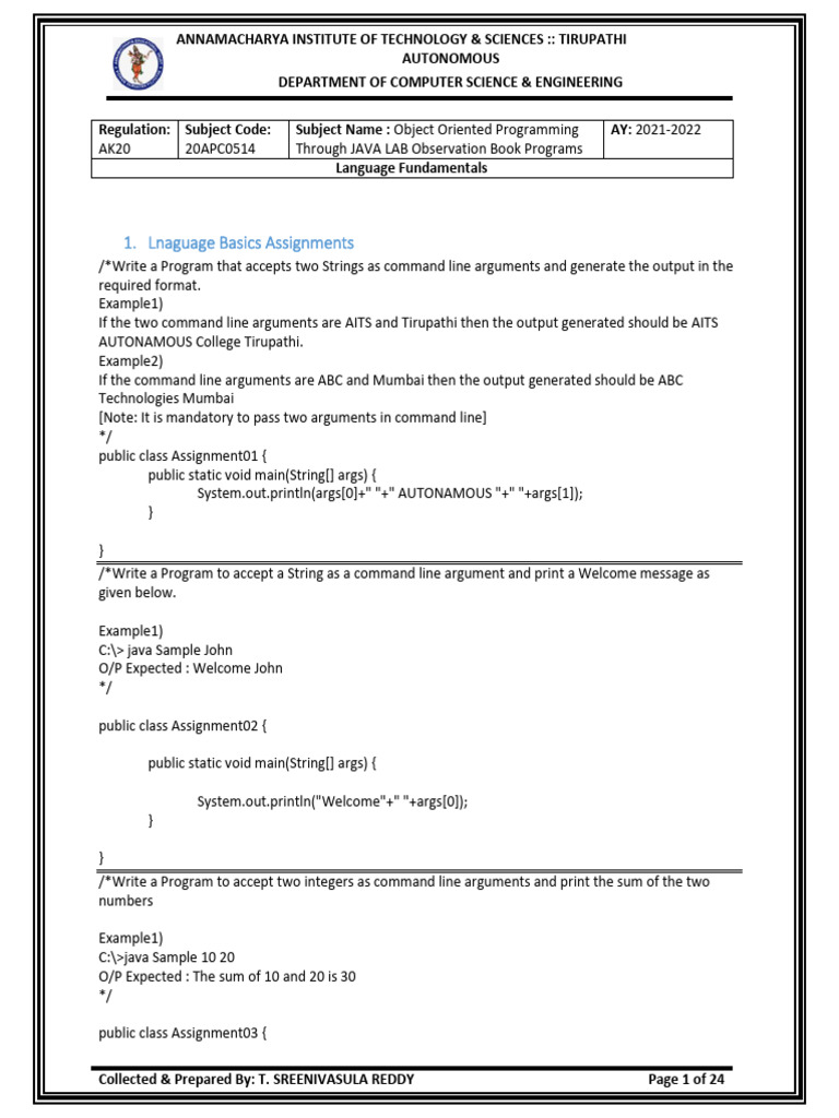 1 JAVA Observation Book Language Fundamentals TSR | PDF | Integer (Computer Science) | String ...
