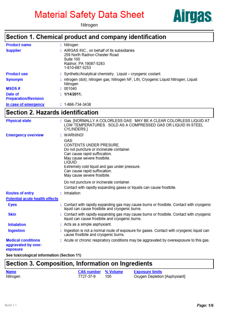 Nitrogen MSDS: Safety and Handling Guide | PDF | Dangerous Goods | Nitrogen