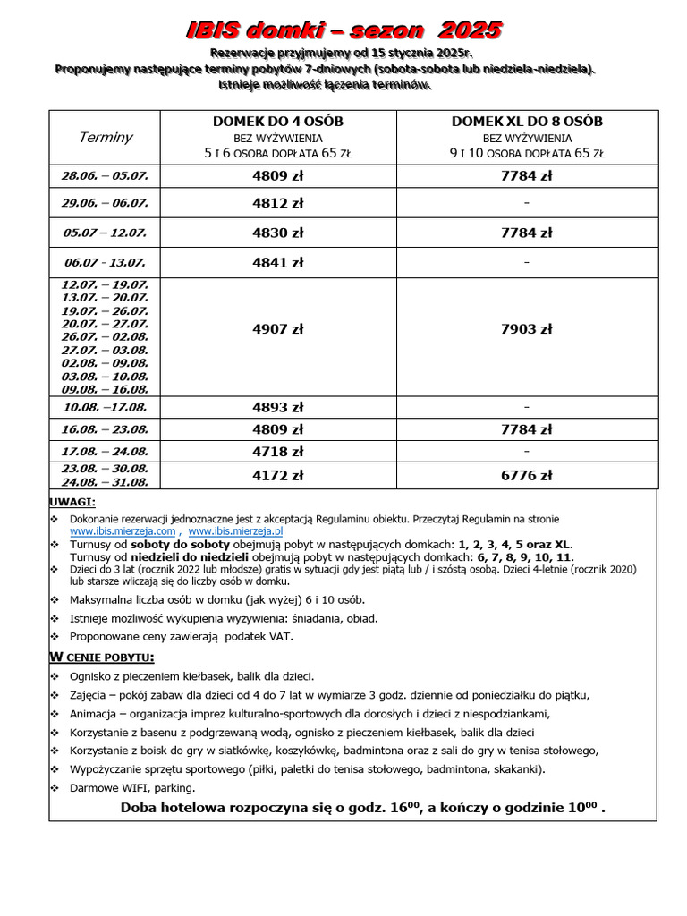 Cennik - 2025 Domki Ibis | PDF