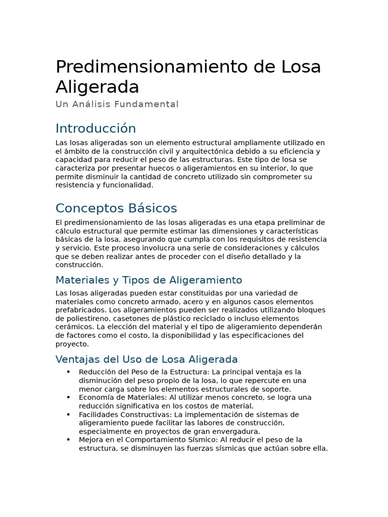 Predimensionamiento de Losa Aligerada | PDF | Hormigón | Diseño
