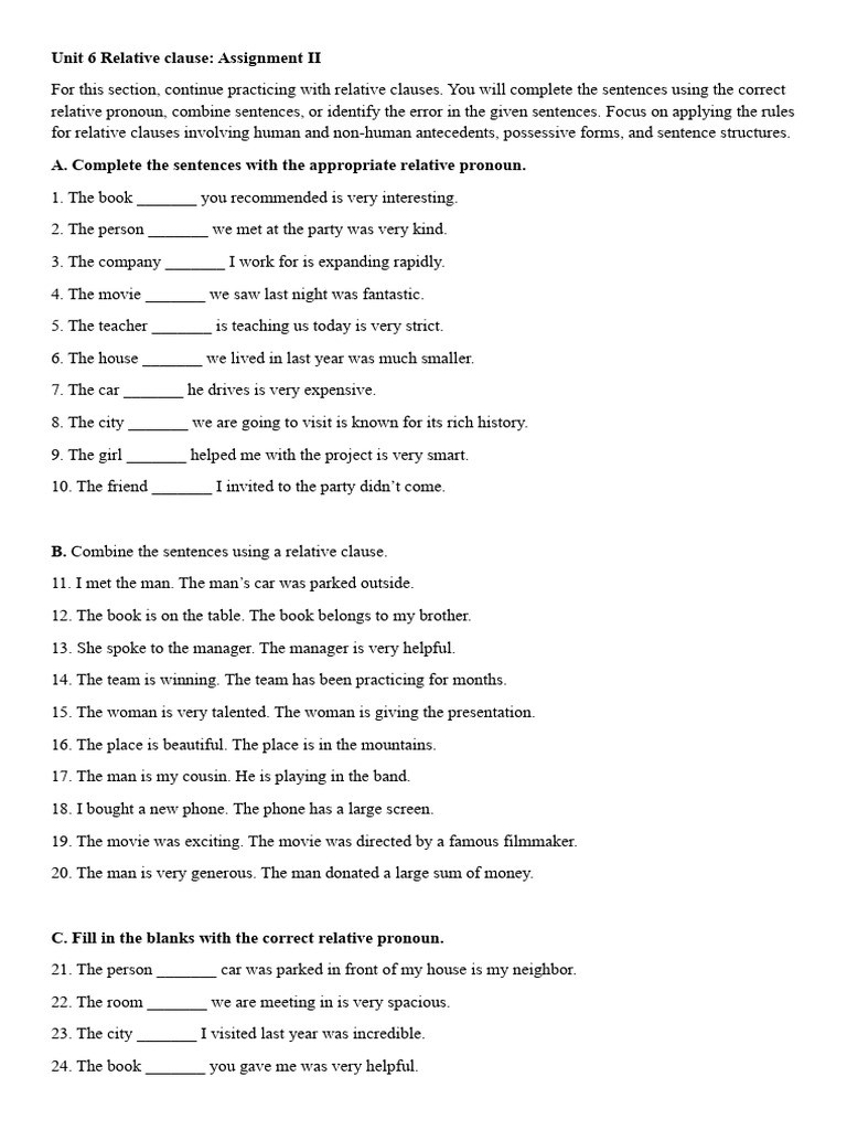 Unit 6 Relative Clause - Assignment II (50 Sentences) | PDF ...