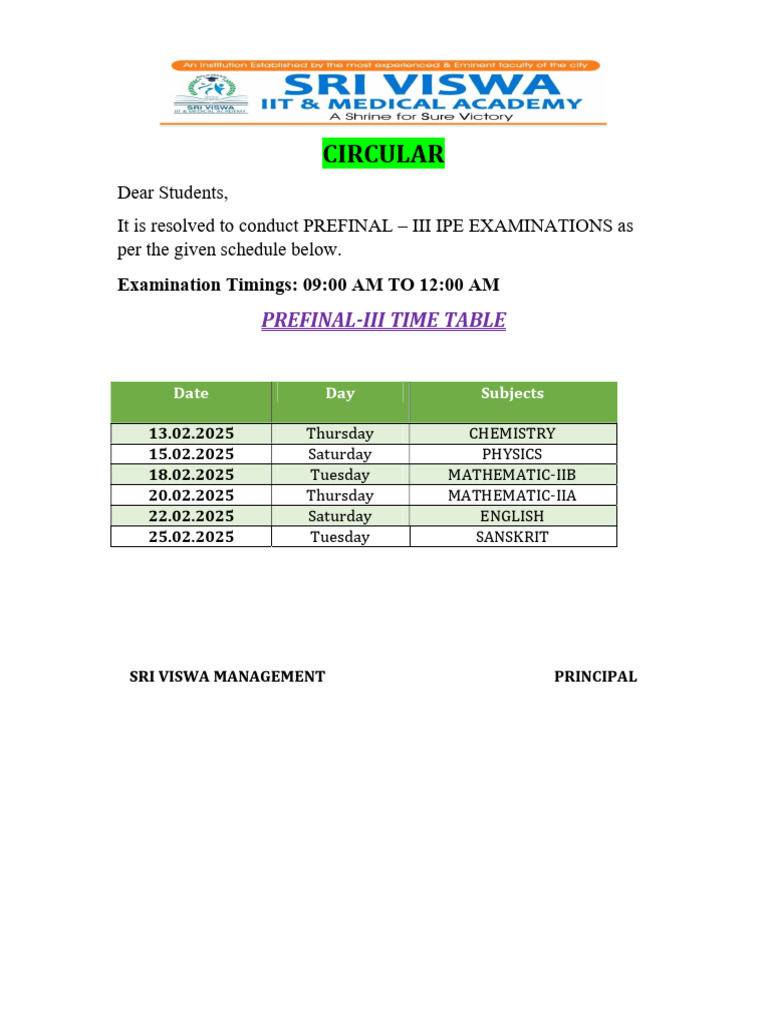 SR Inter Pre Final-Iii Time Table | PDF