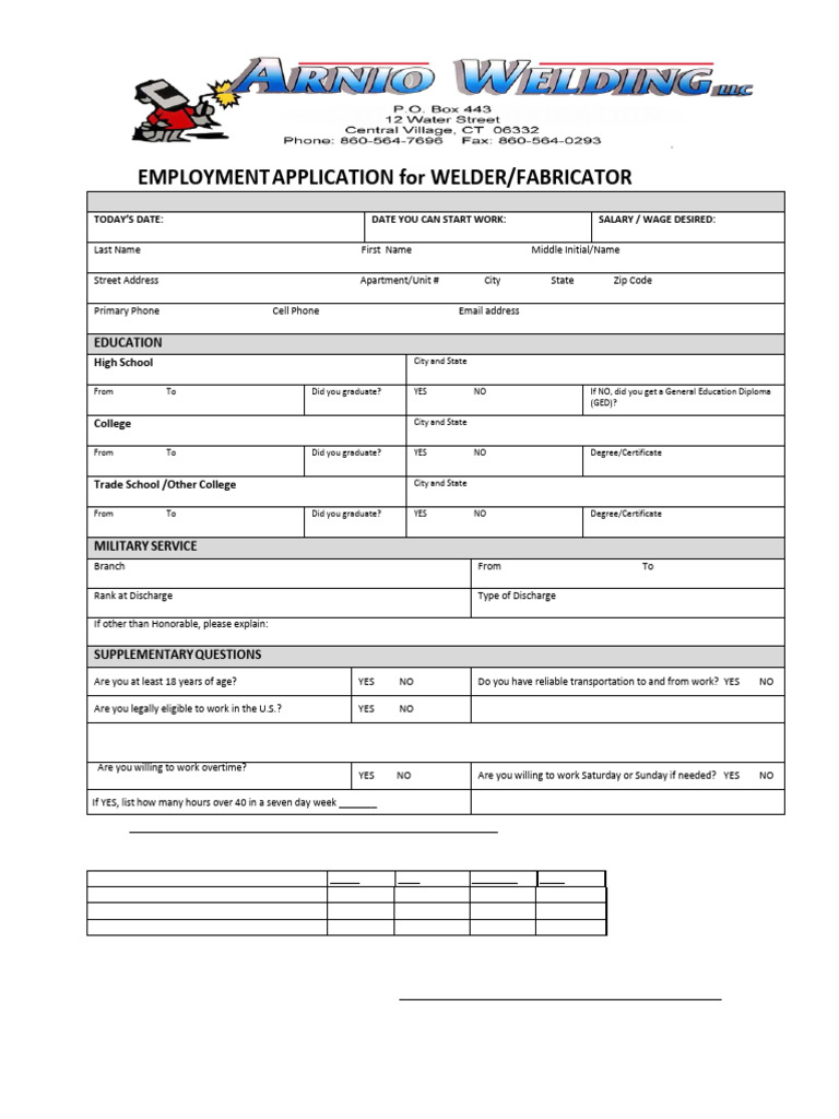 Welder Employment Application Form | PDF | Welding | Construction