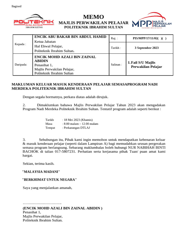 MEMO KENDERAAN MERDEKA | PDF