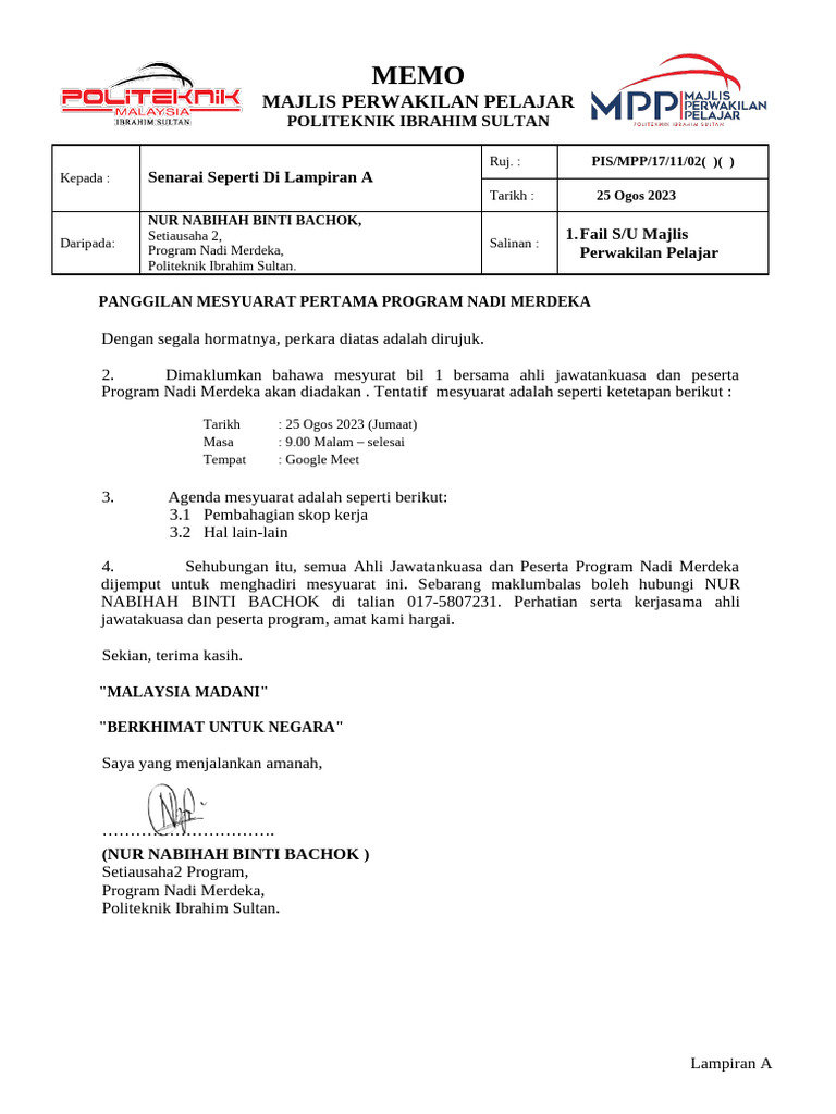Memo Meeting 1 Merdeka | PDF