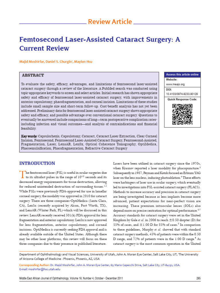 Femtosecond Laser Cataract Surgery Review | PDF | Cataract | Cornea