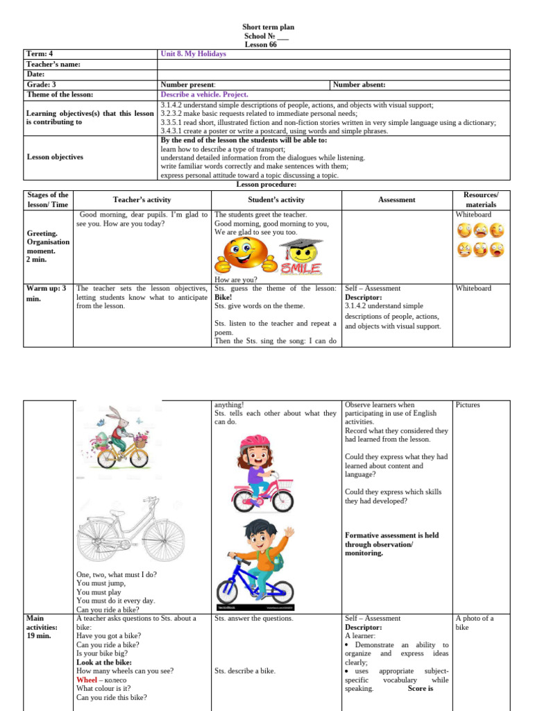 Grade 3 Lesson Plan: Describing Vehicles | PDF | Communication | Learning