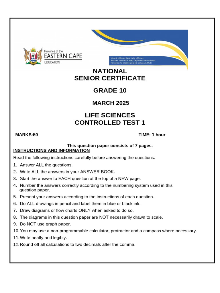 Grade 10 Term 1 Test QP 2025 FINAL | PDF | Cell (Biology) | Catalase