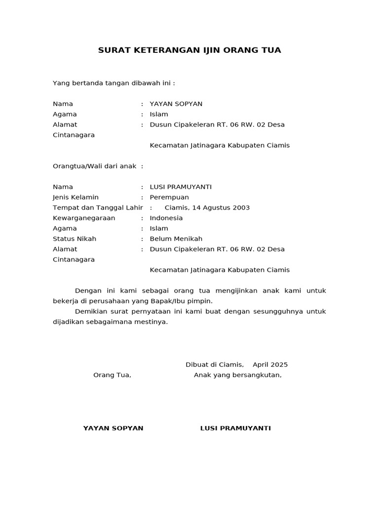 Surat Keterangan Ijin Orang Tua | PDF