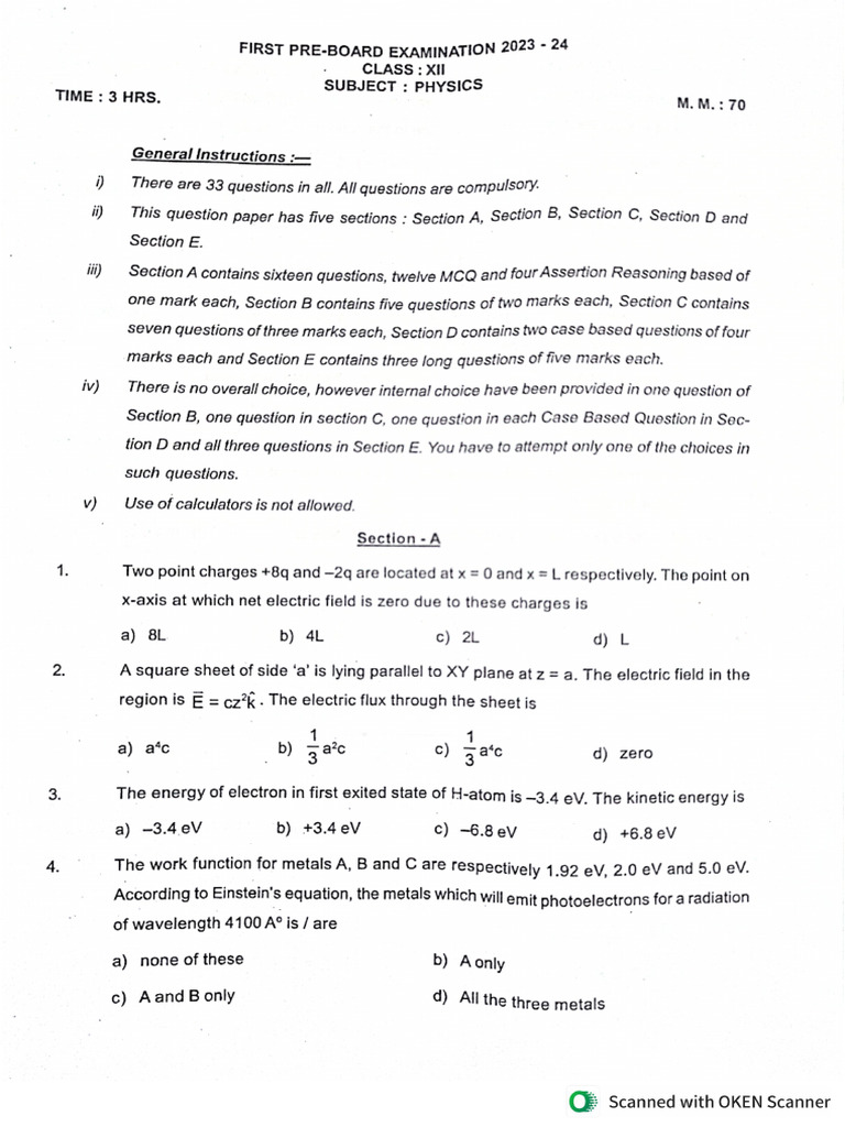 Physics Pre Board -1 | PDF