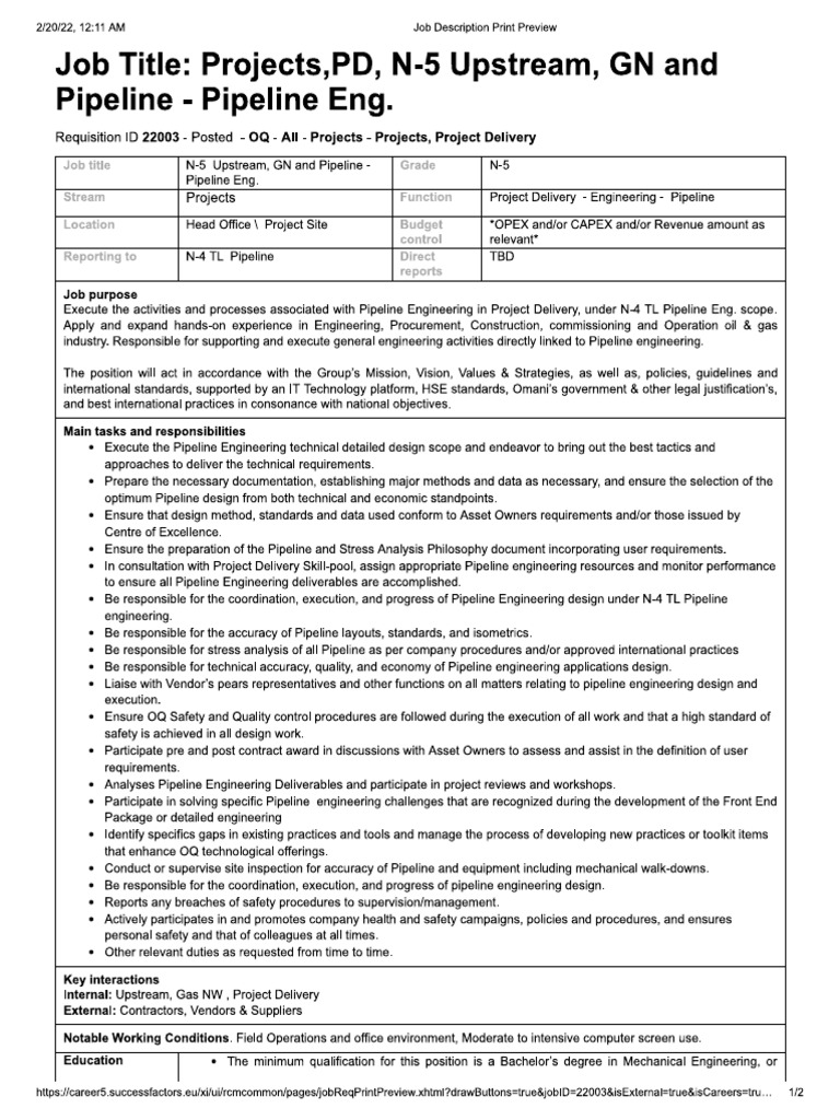OQ Pipeline Engg Job Description | PDF
