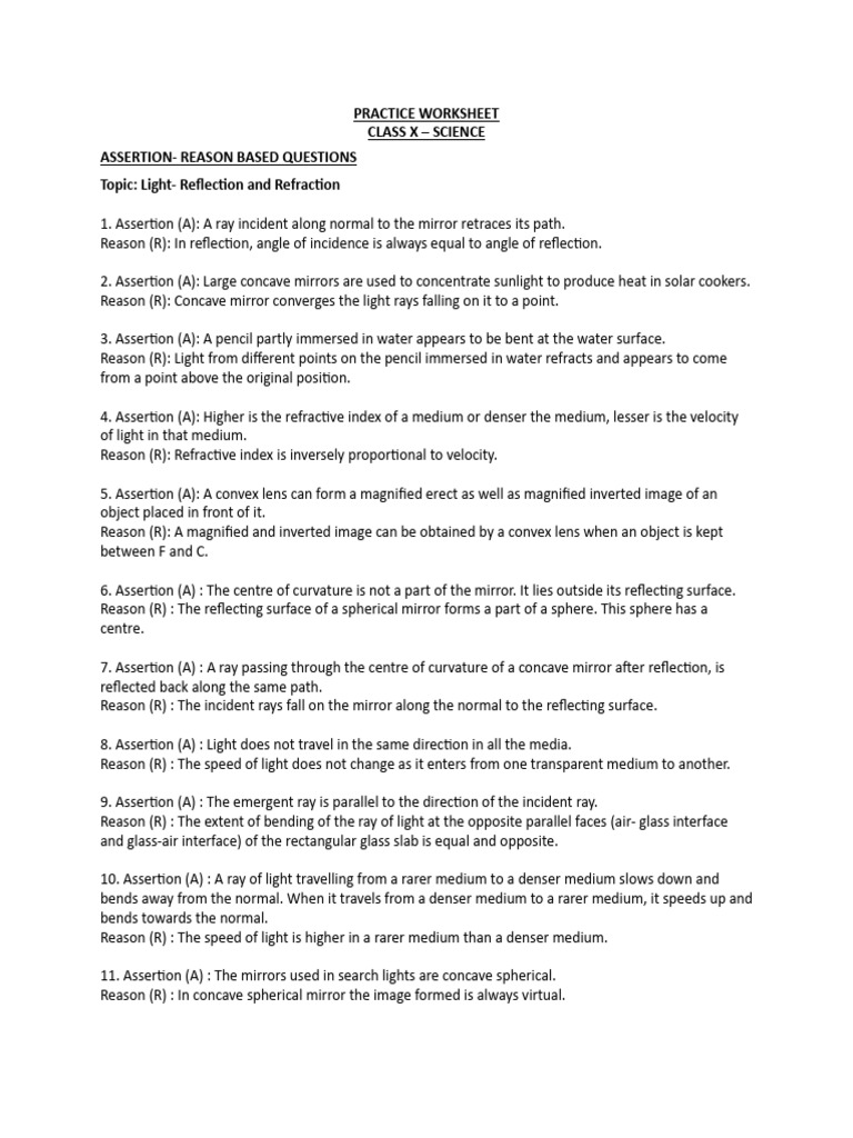 PRACTICE WORKSHEET- LIGHT- REFLECTION AND REFRACTION | PDF | Mirror ...