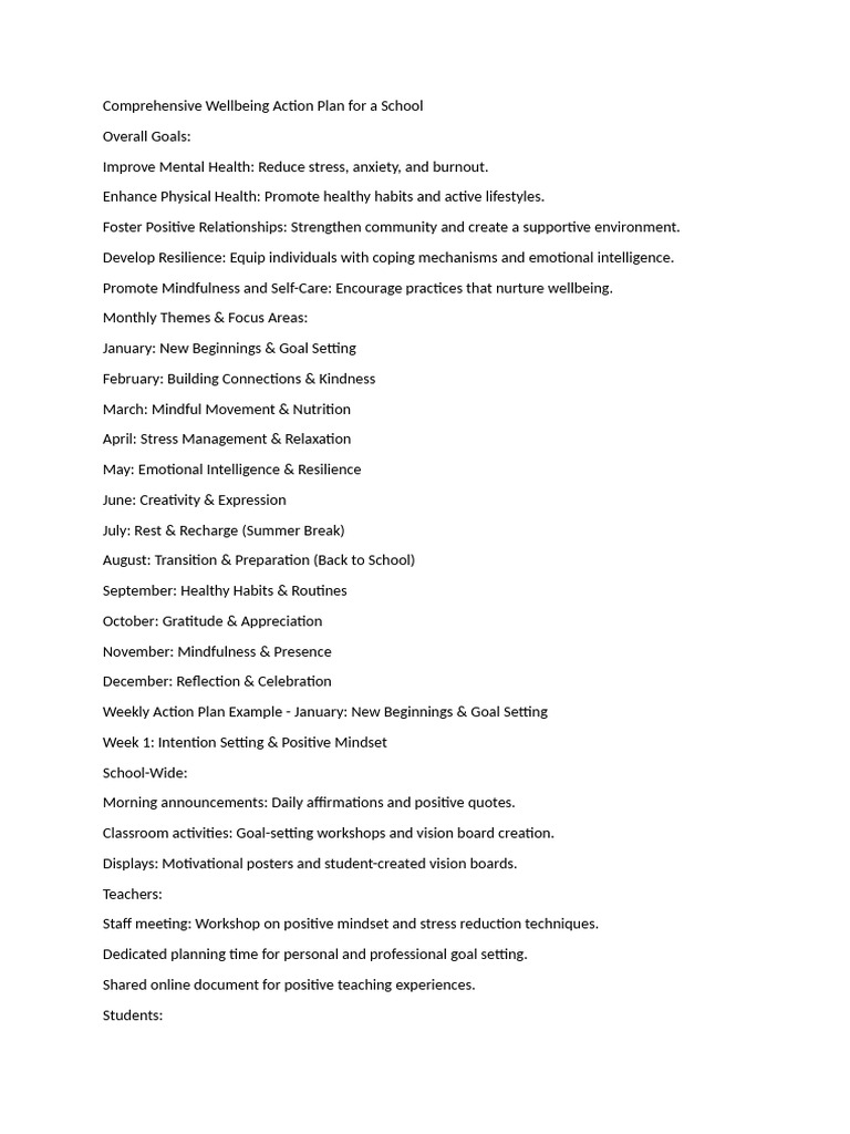 Comprehensive Wellbeing Action Plan For A Schoolc | PDF | Mindfulness ...