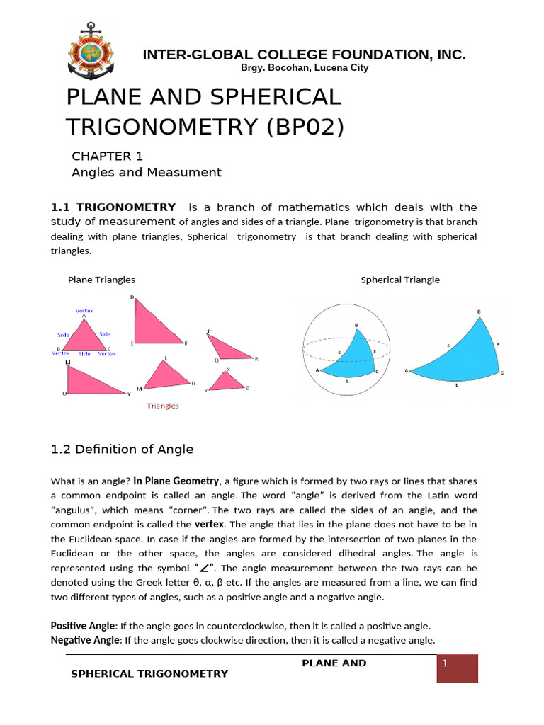 BP02 - Plane and Spherical Trigonometry Module 1 | PDF | Angle | Geometry