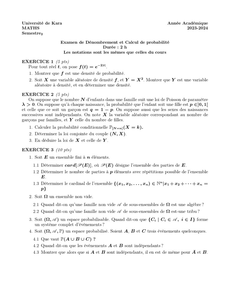 Examen de Probabilités et Dénombrement 2023 | PDF | Variance ...