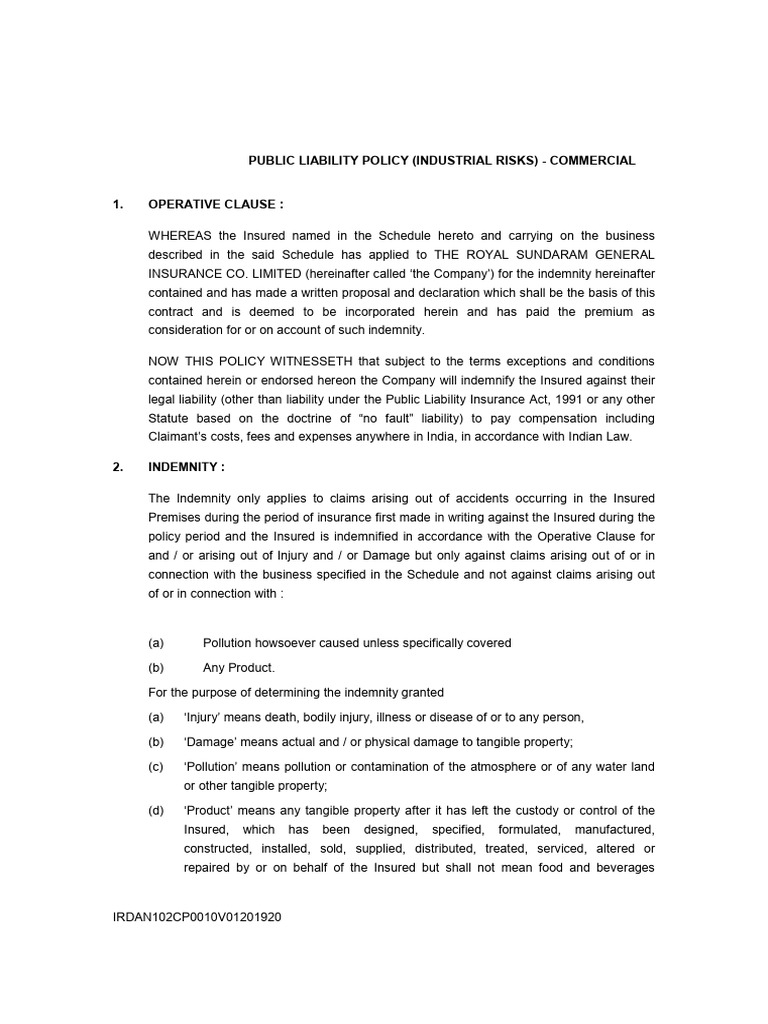 Public Liability Industrial Commercial | PDF | Indemnity | Liability ...