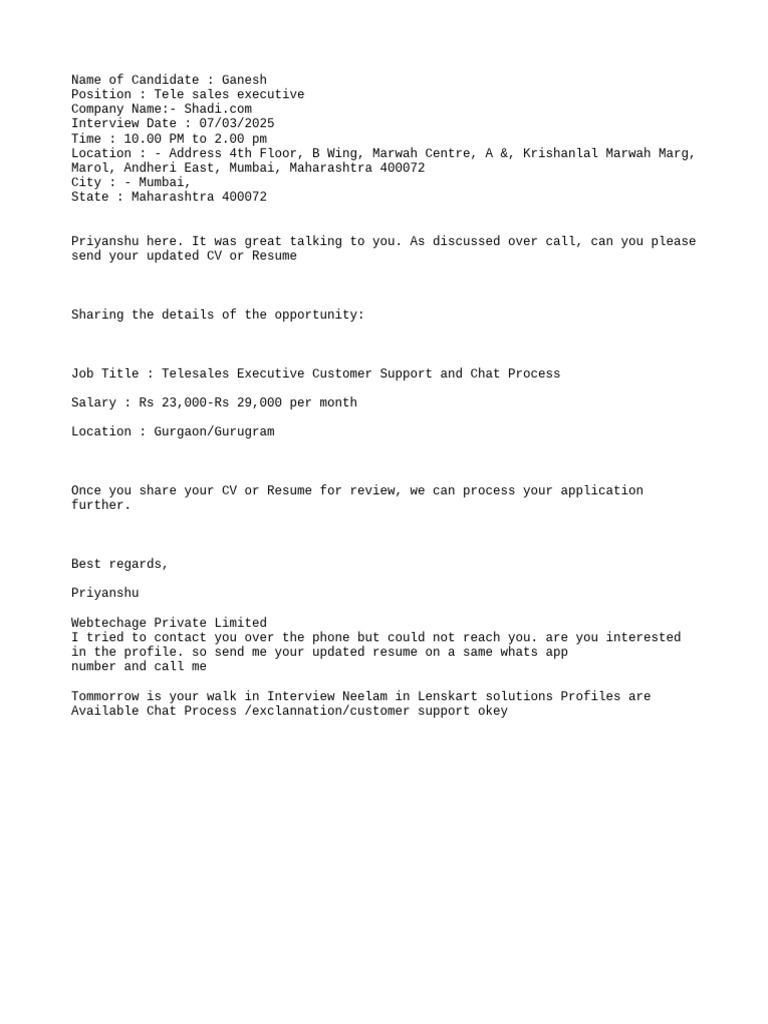 Telesales Executive Interview Details | PDF