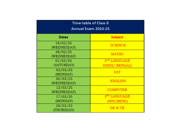 Class 8A Annual Exam Timetable | PDF