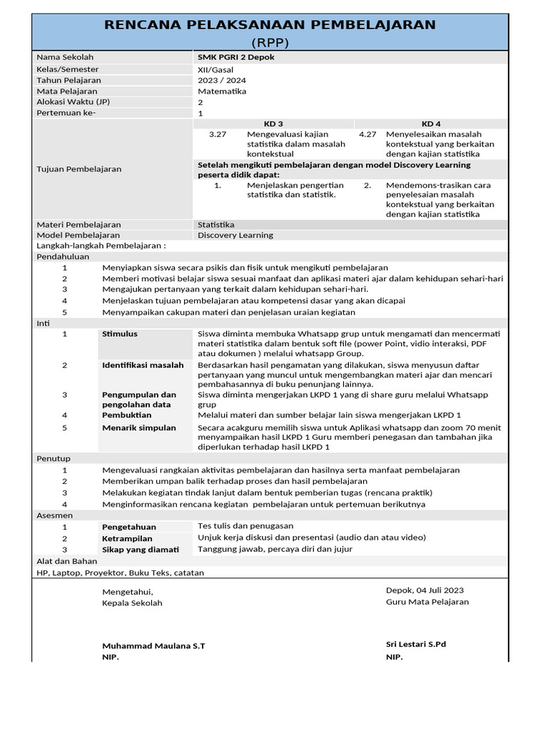 RENCANA PELAKSANAAN PEMBELAJARAN MTK Ok | PDF
