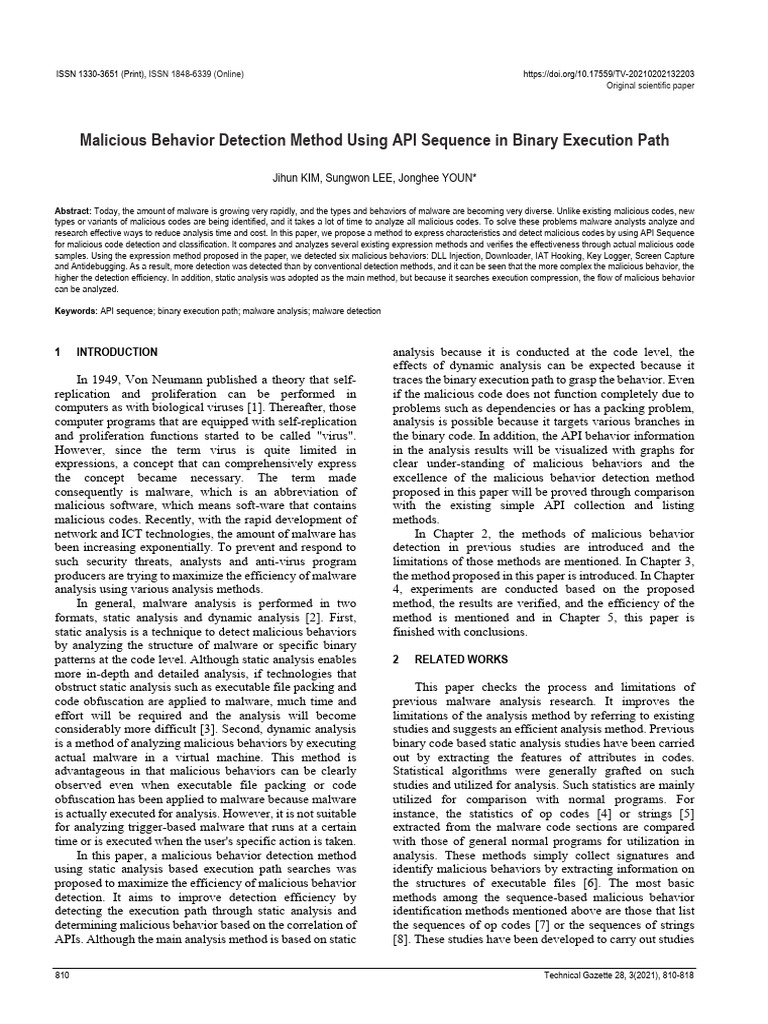 Malicious Behavior Detection Method Using Api Sequence In Binary