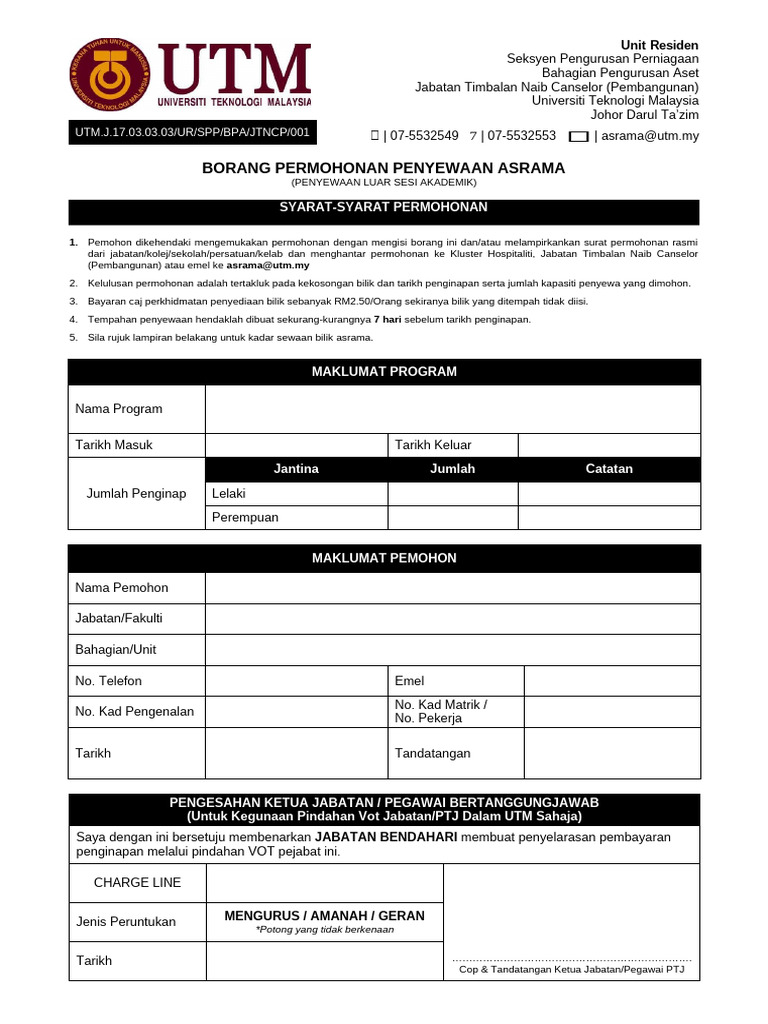 001 Borang Permohonan Penyewaan Asrama Kemaskini Tahun 2022 | PDF