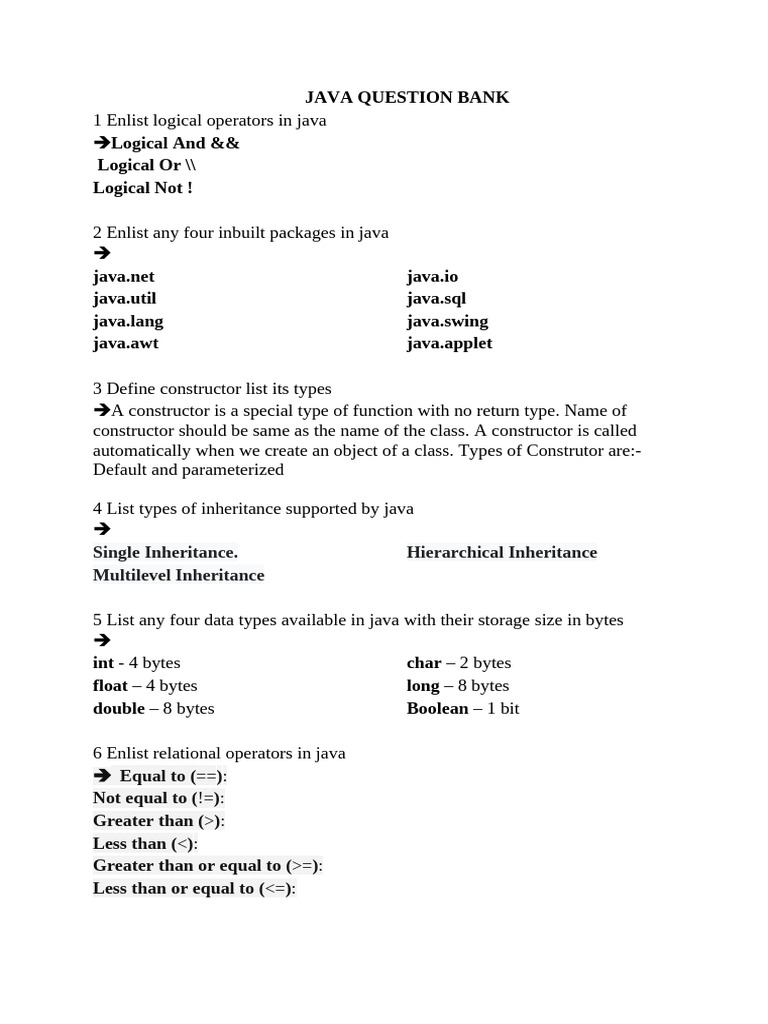 JAVA QUESTION BANK 23-24 | PDF | Constructor (Object Oriented Programming) | Programming