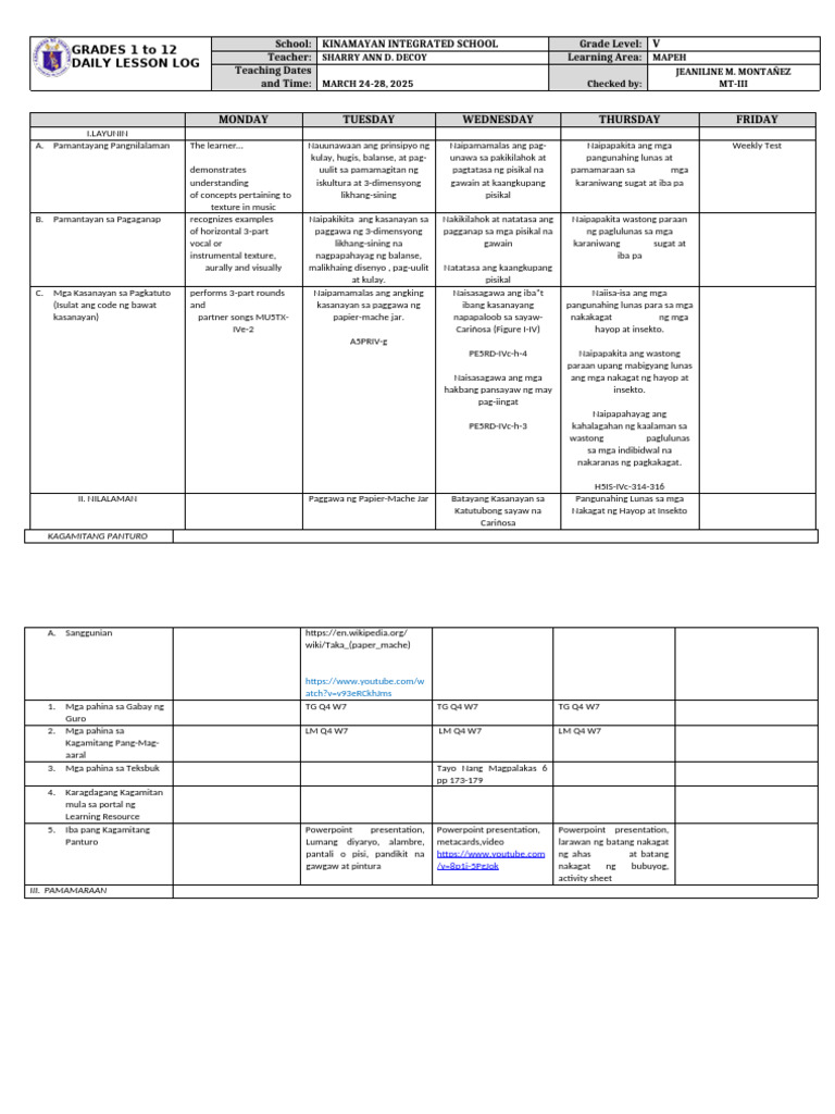 Grade 5 Dll Mapeh 5 q4 Week 7 | PDF