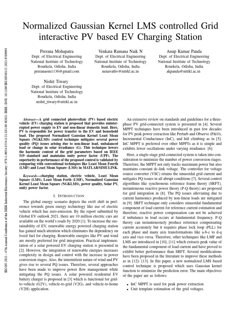 Normalized Gaussian Kernel LMS Controlled Grid Interactive PV Based EV Charging Station | PDF ...