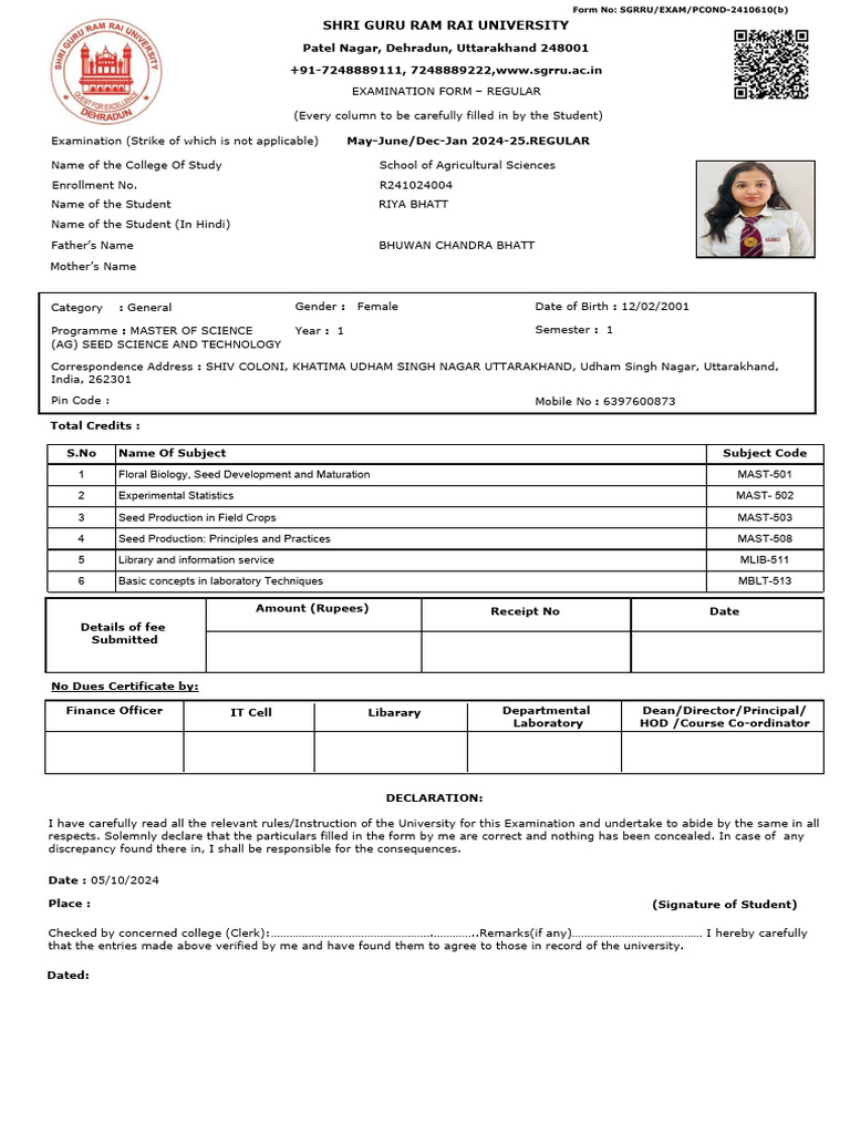 SGRRU Student Exam Registration Form | PDF
