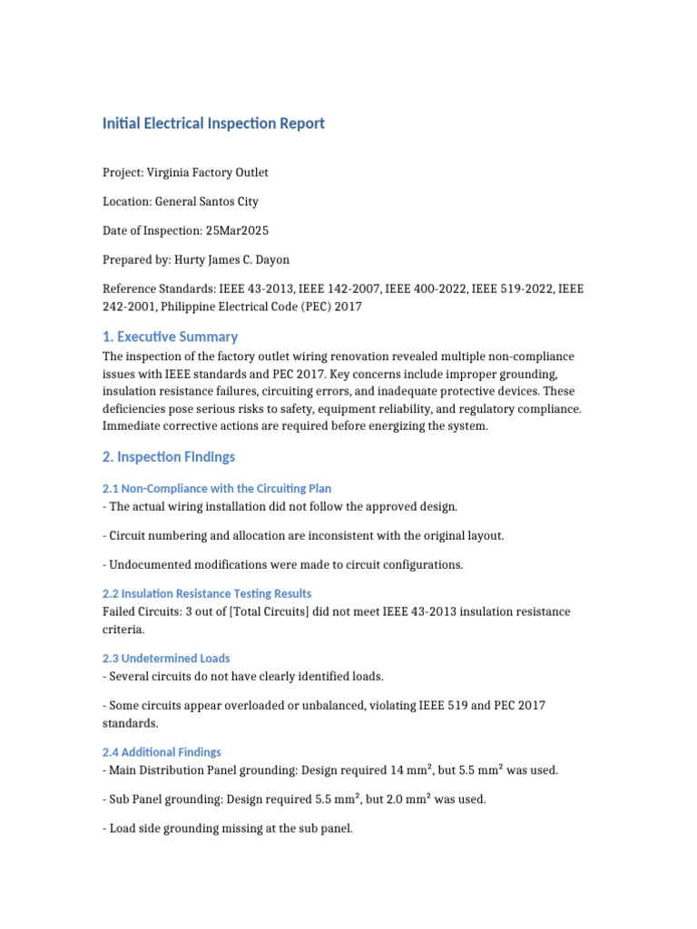 GENSAN Initial Electrical Inspection Report | PDF | Electrical Wiring ...