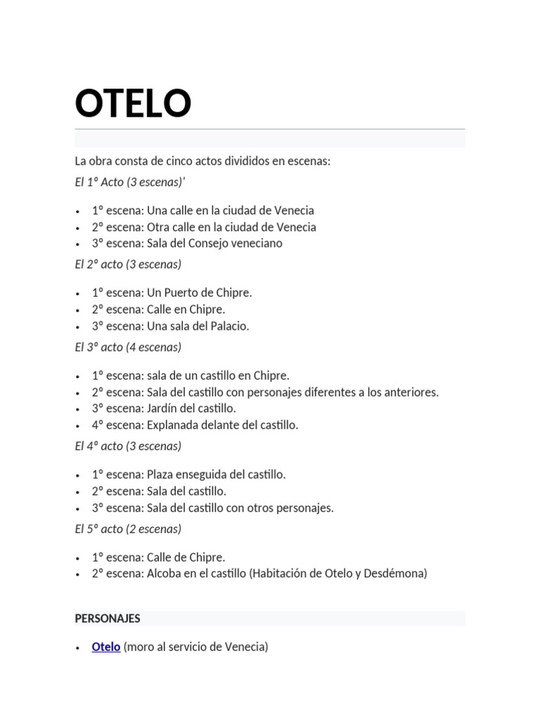 Resumen de Otelo | PDF | OTELO | Tragedias de Shakespeare
