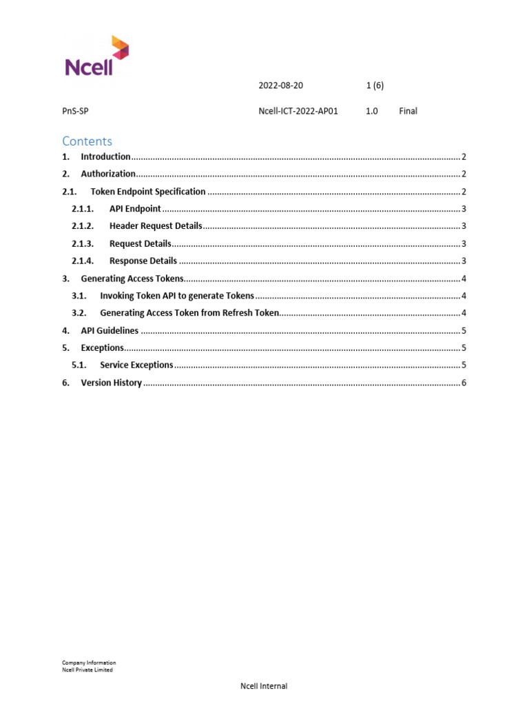 Ncell - EGW - API - Token - Specification - v1.0 1 | PDF | String (Computer Science) | User ...