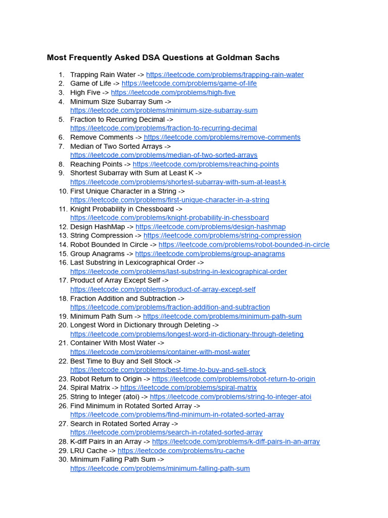 Most Frequently Asked DSA Questions at Goldman Sachs | PDF | Computer ... Most Frequently Asked DSA Questions at Goldman Sachs | PDF | Computer ...