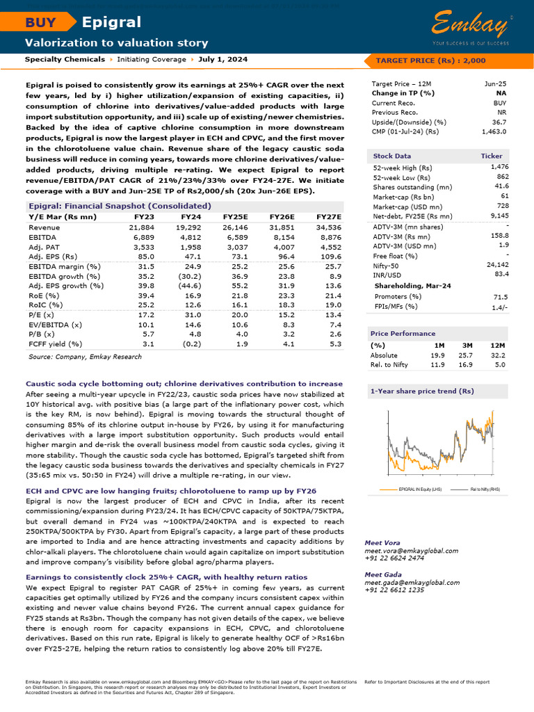 Emkay Initiating Coverage On Epigral With UPSIDE 36% Valorization | PDF ...