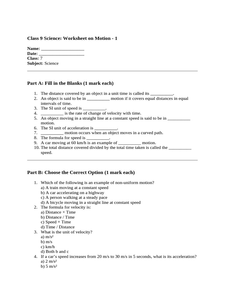 Class 9 Science Motion Worksheet - 1 | PDF | Speed | Acceleration