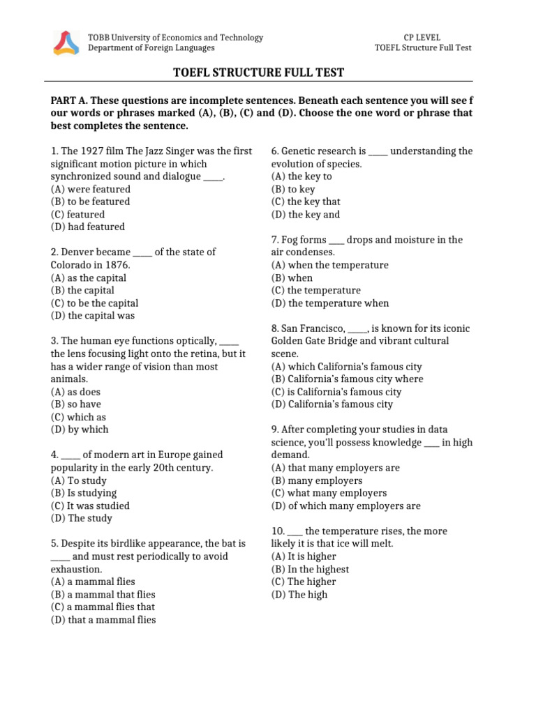 TOEFL Structure Test Practice Questions | PDF