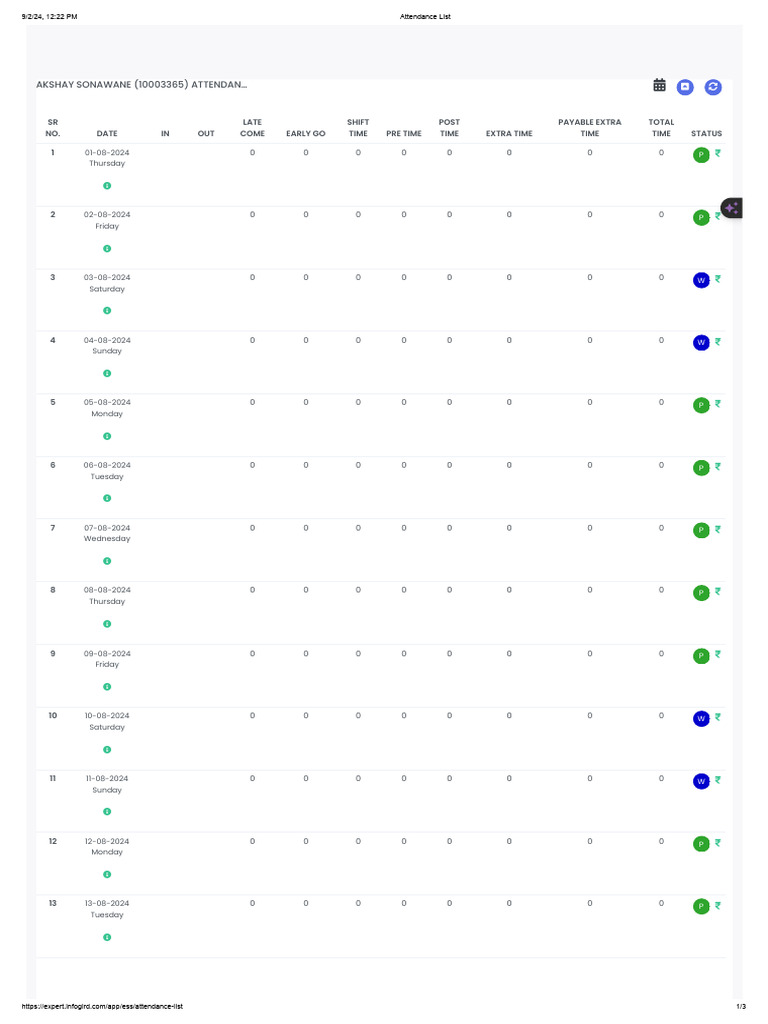 Akshay Sonawane - Attendance August 2024 | PDF