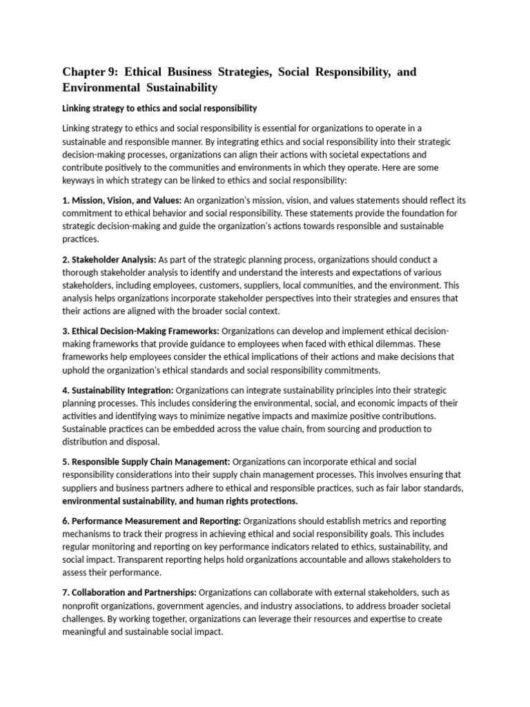 Chapter 9 Ethical Business Strategies, Social Responsibility, and ...