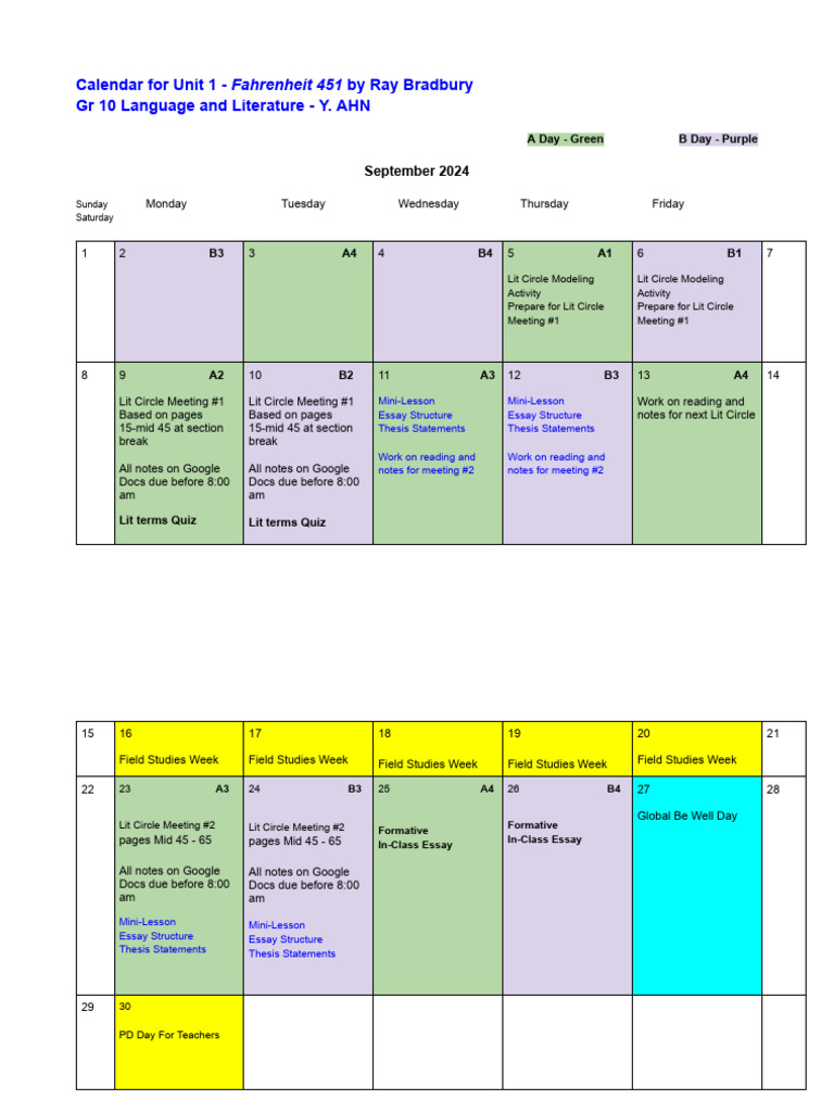 YAHN Unit 1 Calendar - Fahrenheit 451 by Ray Bradbury | PDF