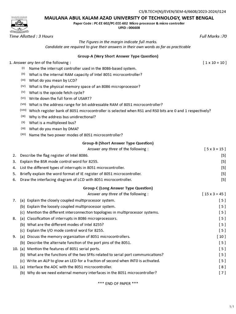 btech-ee-6-sem-micro-processor-and-micro-controller-pe-ee-602-2024 | PDF | Microcontroller ...