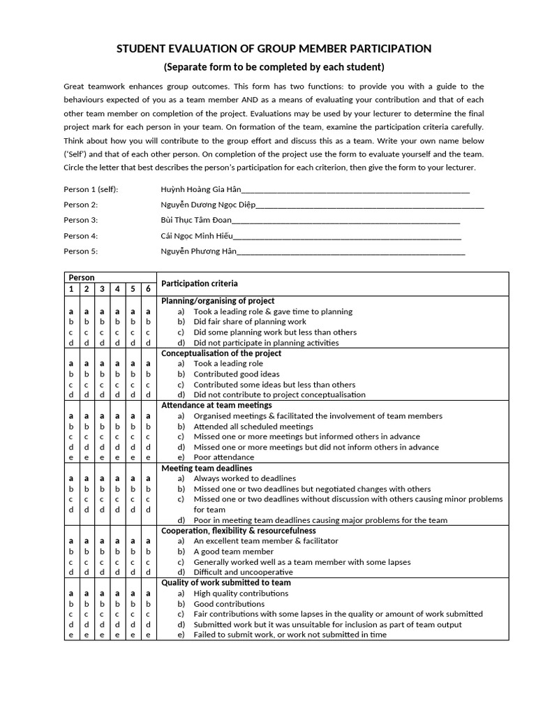 Group Member Participation Evaluation Form | PDF | Social Psychology