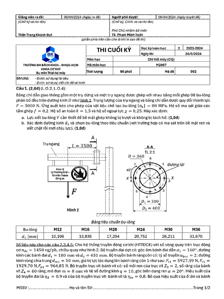 Đề thi Chi tiết máy _ ME2007_HK232 | PDF